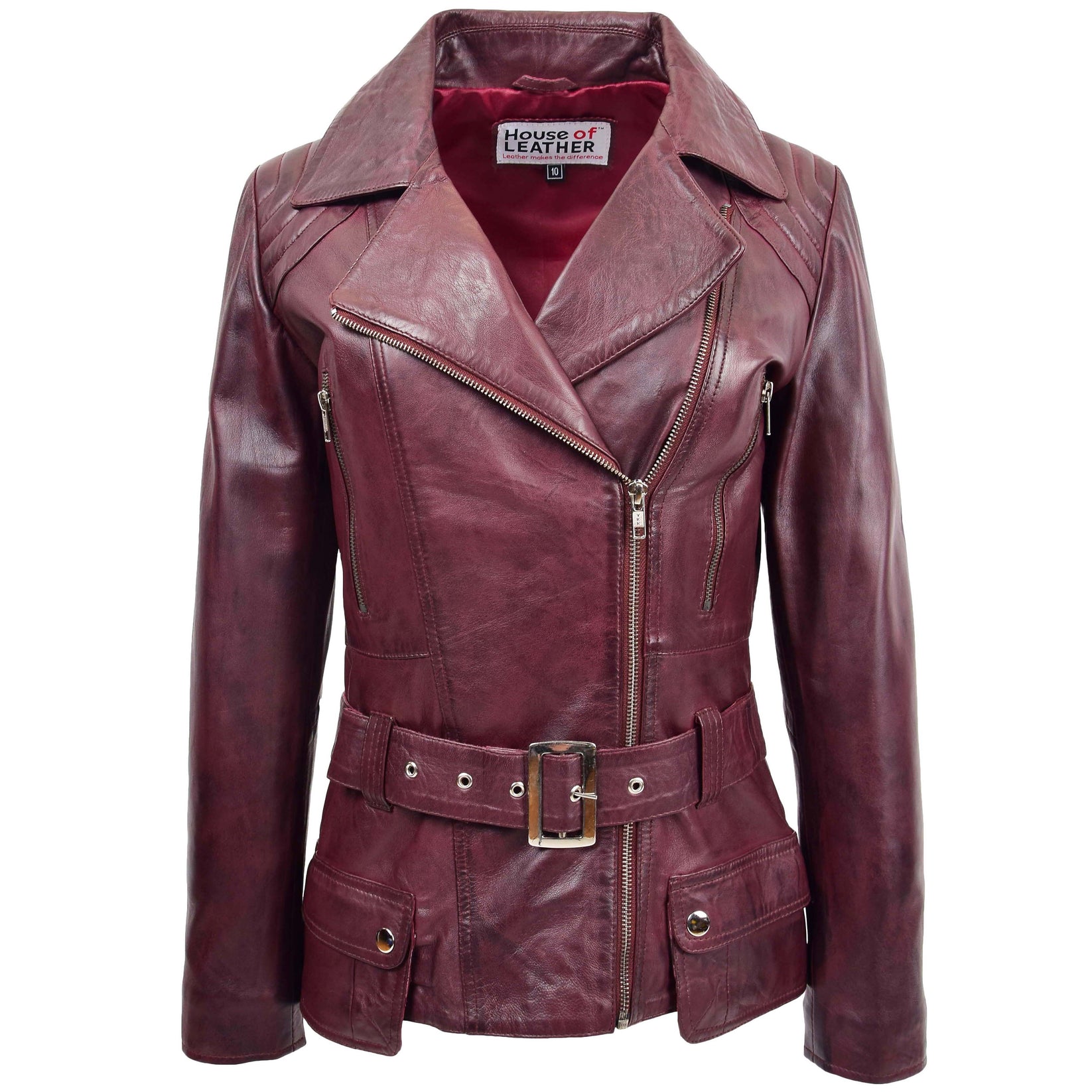 Womens Hip Length Jacket with Waist Belt Burgundy | House of Leather