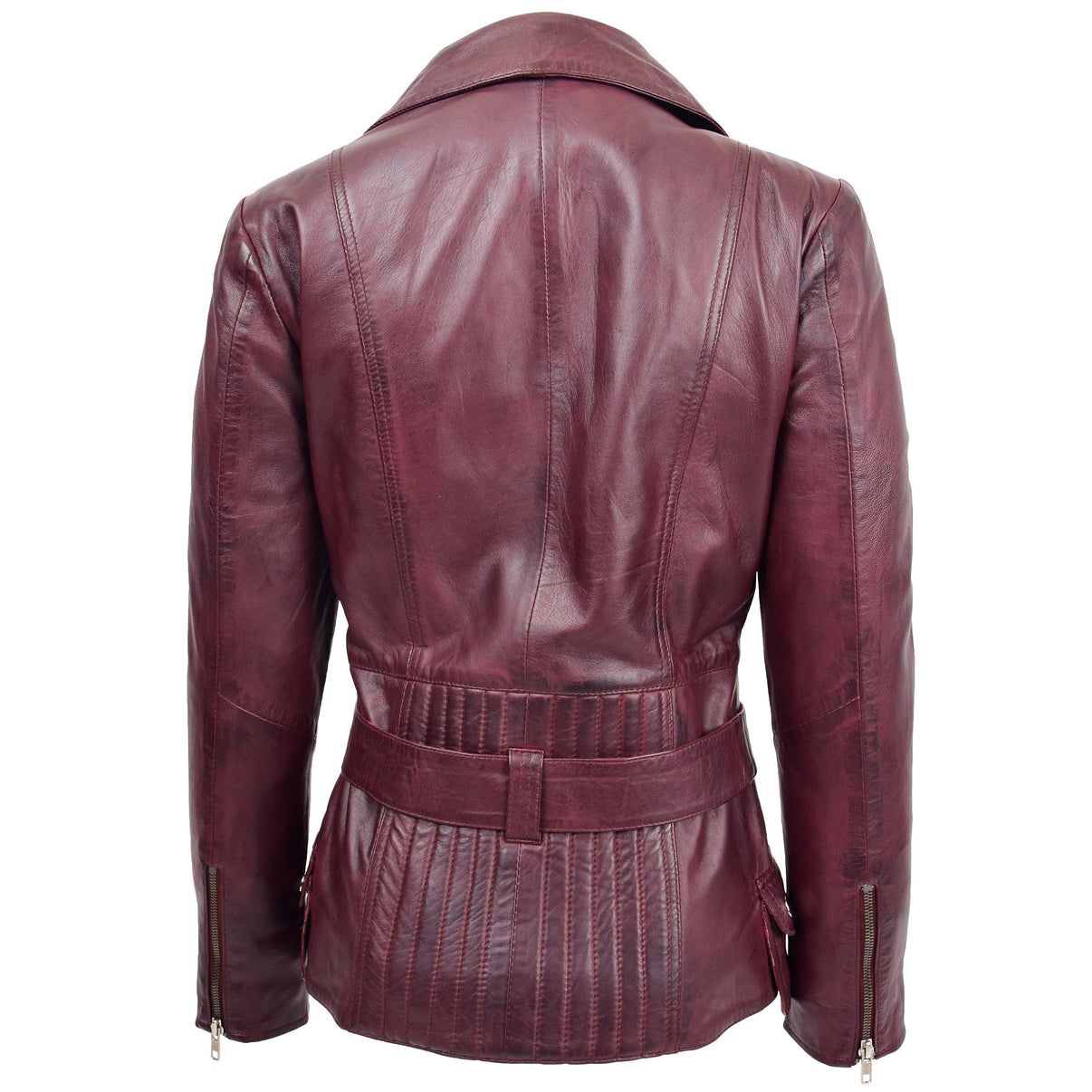 Womens Hip Length Jacket with Waist Belt Burgundy | House of Leather