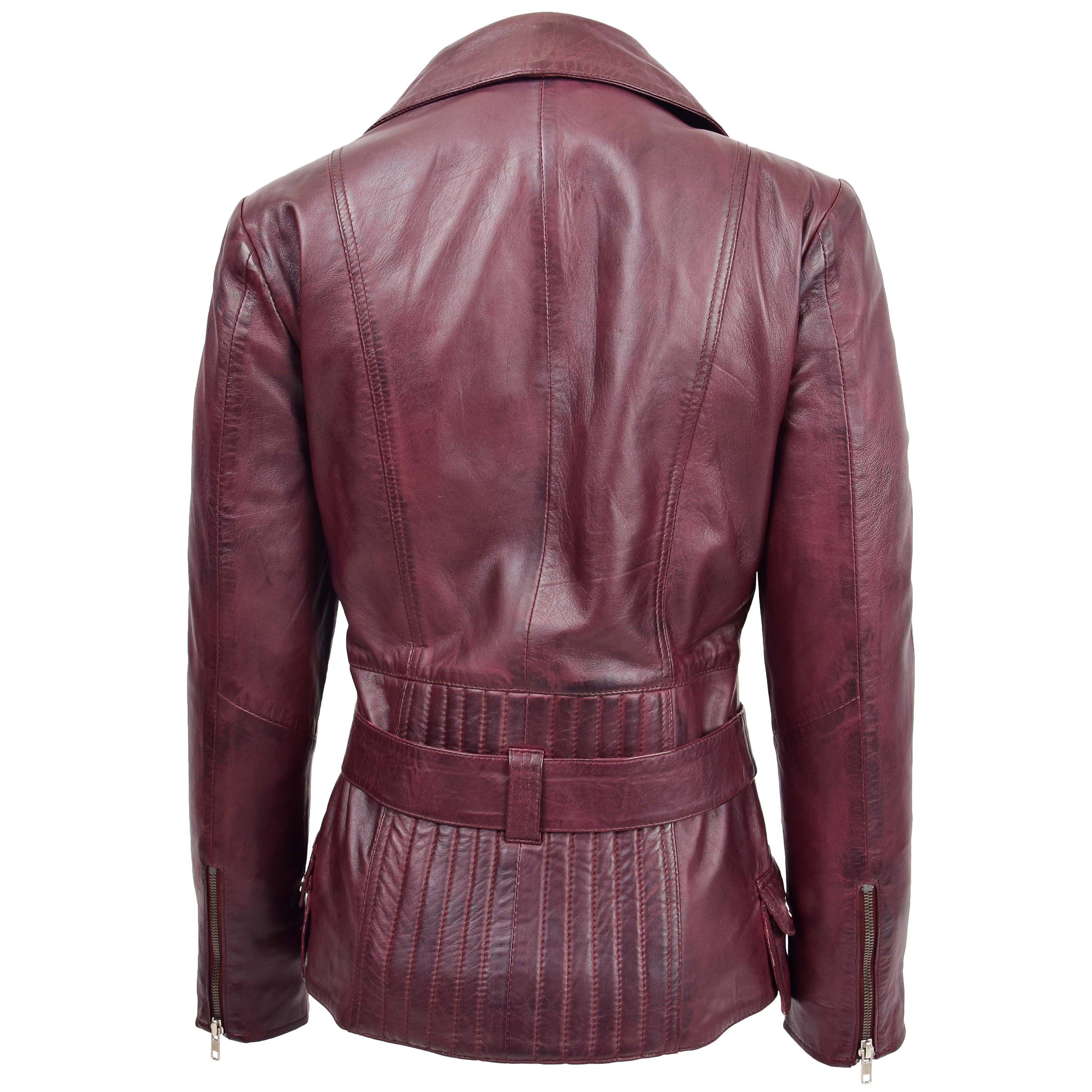 Womens Hip Length Jacket with Waist Belt Burgundy | House of Leather