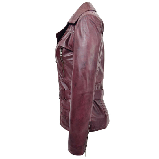 Womens Hip Length Jacket with Waist Belt Burgundy | House of Leather